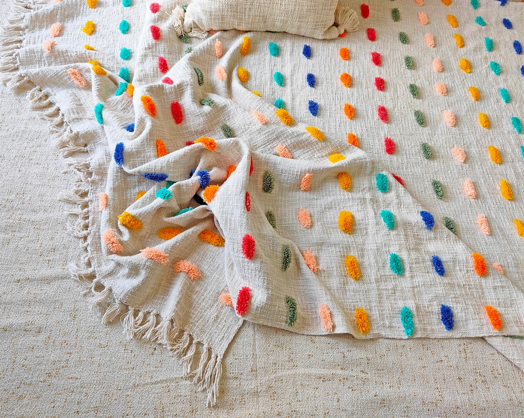 Cotton Tufted Throw Blanket: Embroidered Multicolor Boho Bedding Throw ...