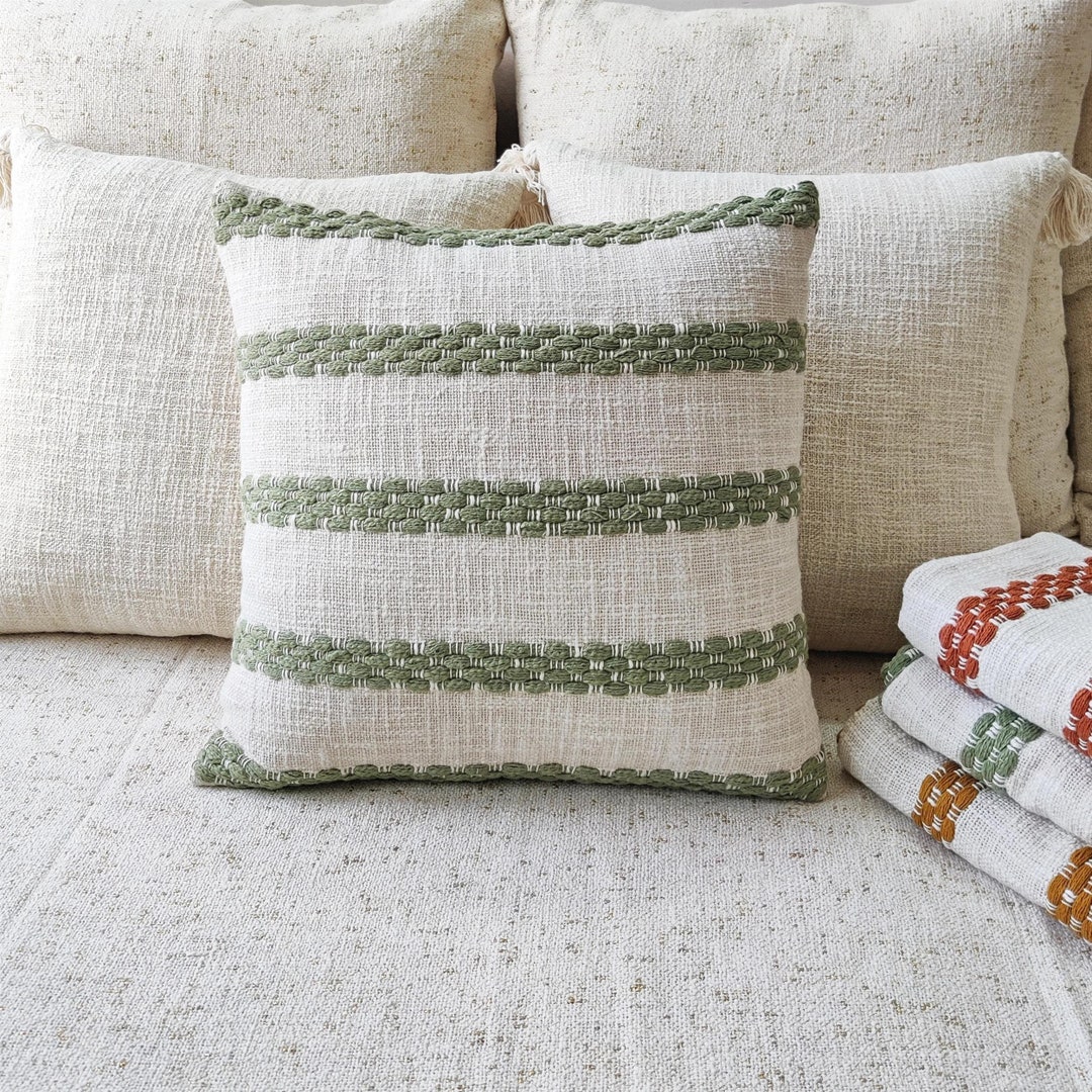 Sage Green & Cream Ivory Hand Loom Woven Chunky Loops Natural Cotton ...