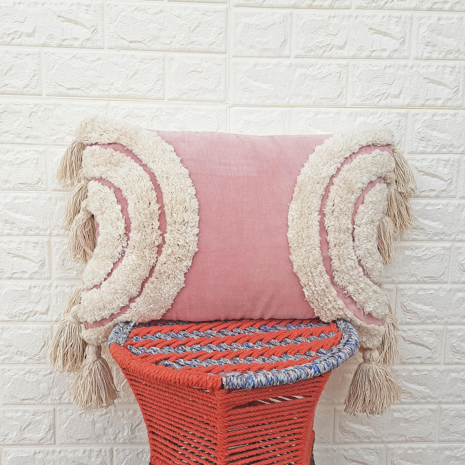 Pink & Ivory Tassel Pillow Cover Boho Textured Pillow Case - Etsy
