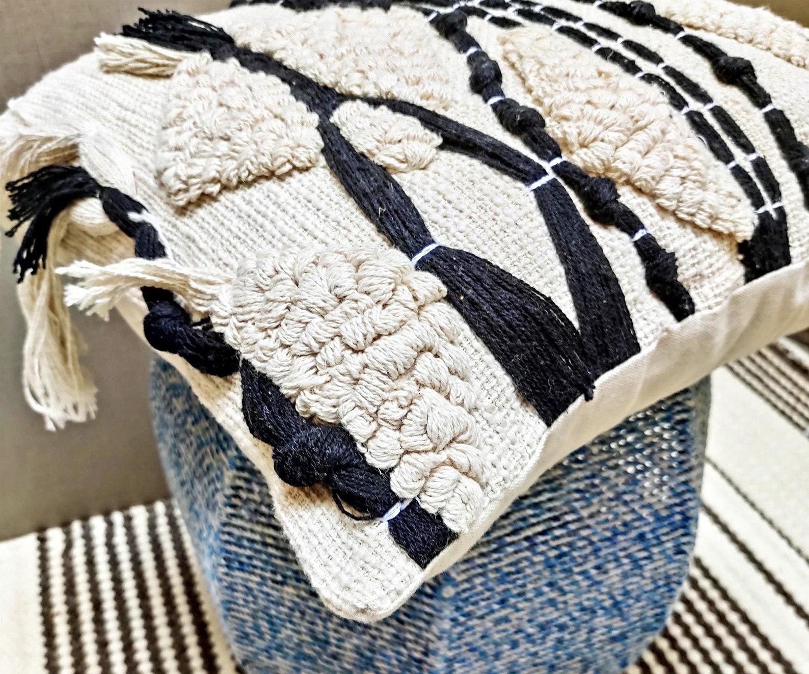 Tufted Textured Fringe Pillow White Black Cream Ivory Boho - Etsy