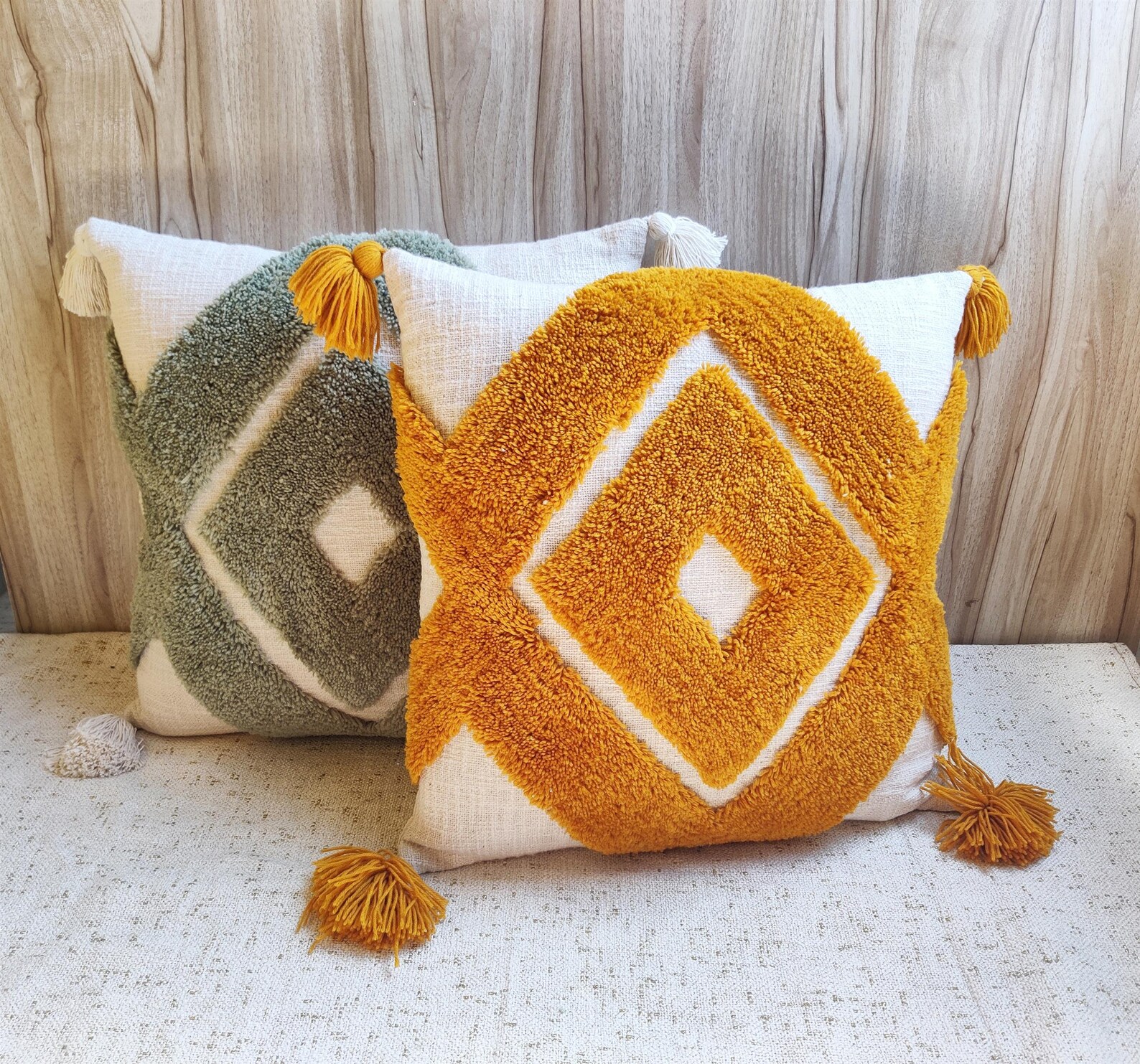 Natural White & Mustard Yellow 100% Cotton Tufted Textured 16x16, 20x20 ...