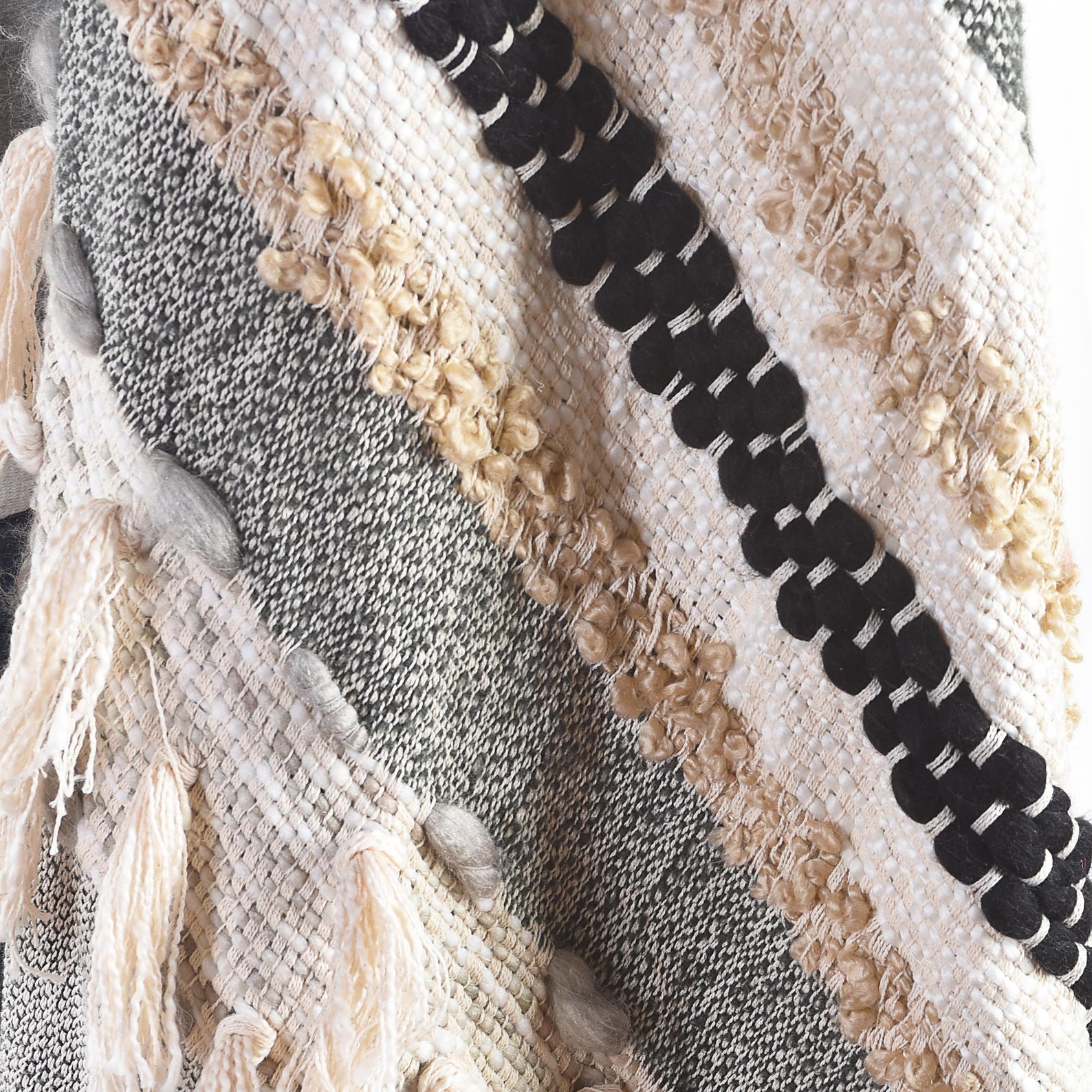 Hand Loom Woven Cotton Acrylic Wool Chunky Woven Cream Ivory Black Grey ...