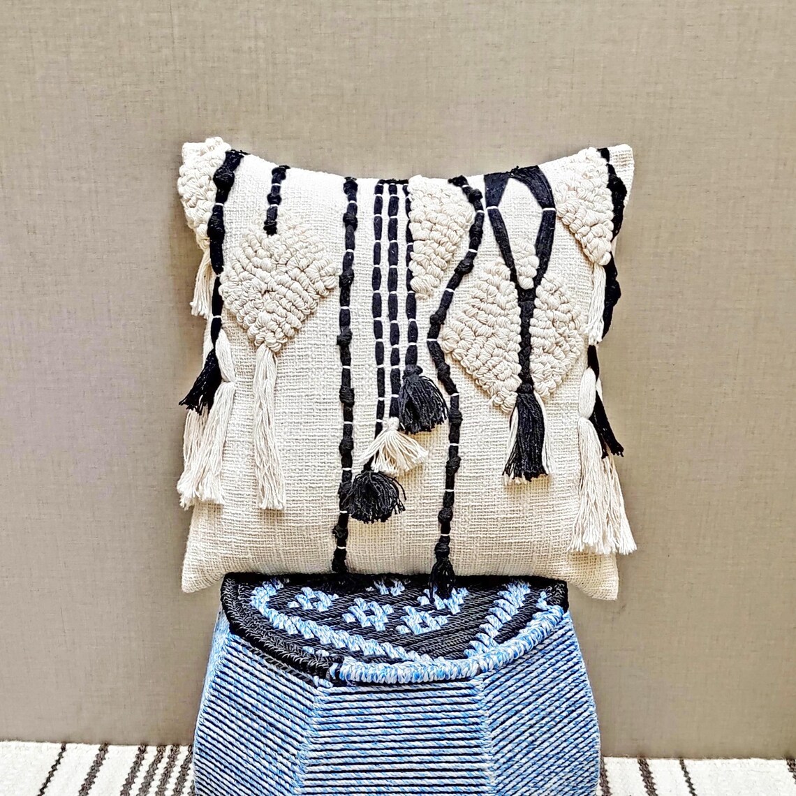 Tufted Textured Fringe Pillow White Black Cream Ivory Boho Pillow Cover ...