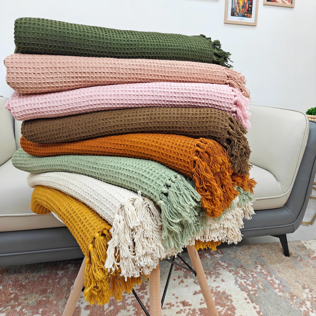 Waffle Handwoven Cotton Throw Blanket With Fringed Tassels | Soft ...