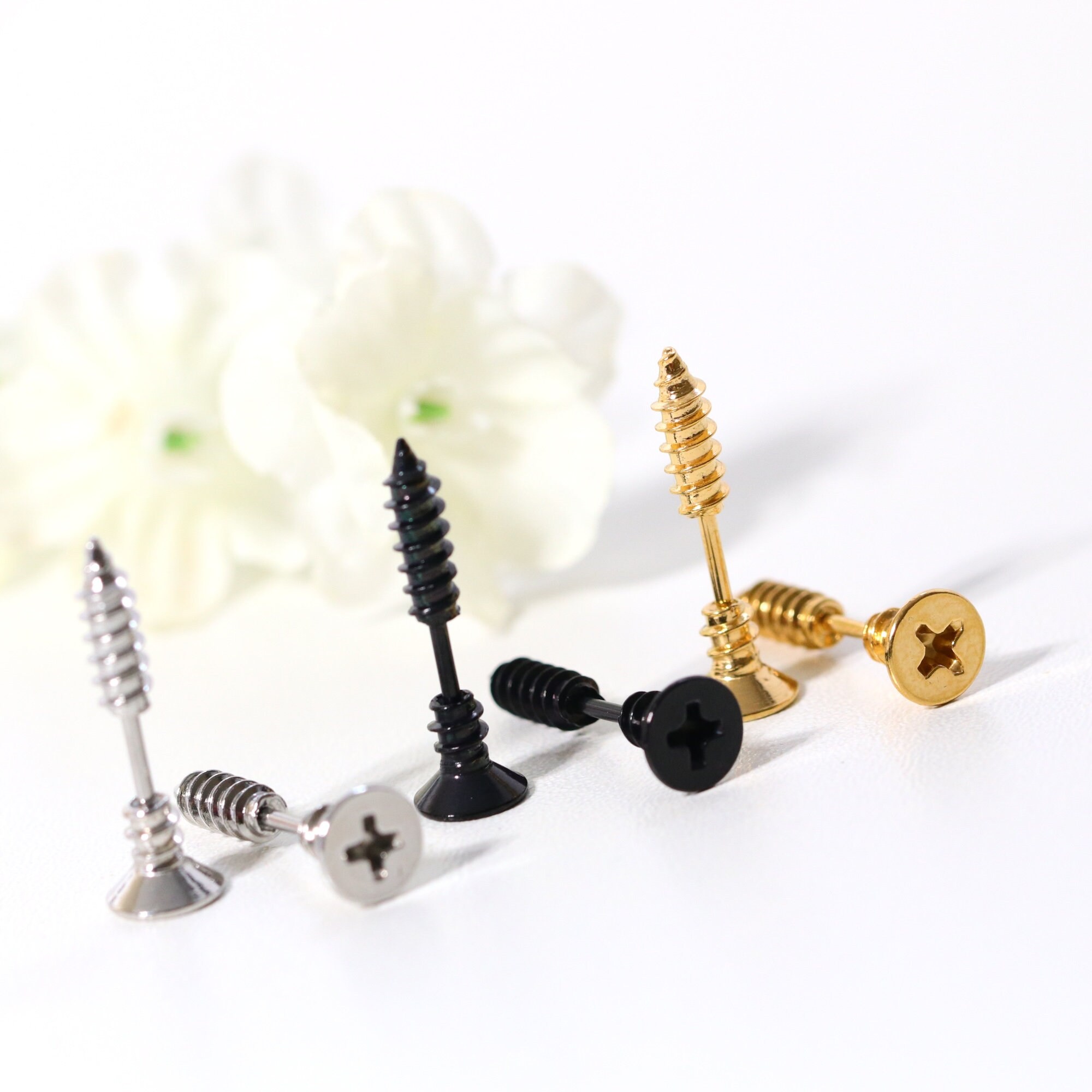 3 Pairs Screw Stud Earrings, Black Gold Silver Stainless Steel Unsex ...