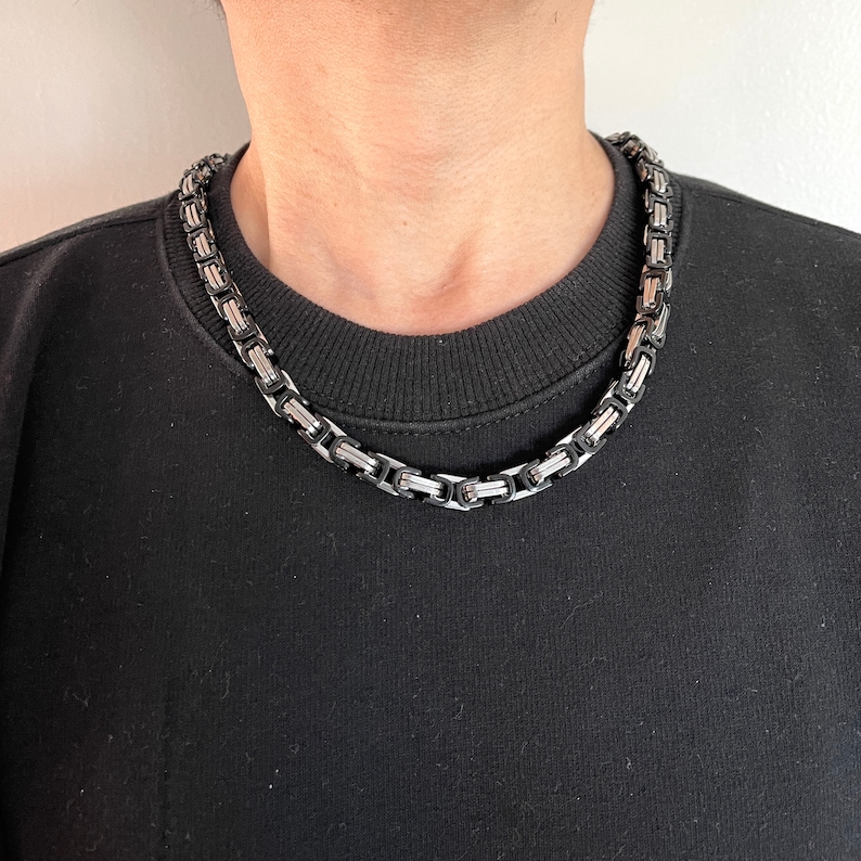 Black Silver Byzantine Chain Necklace - Stainless Steel Link - Etsy