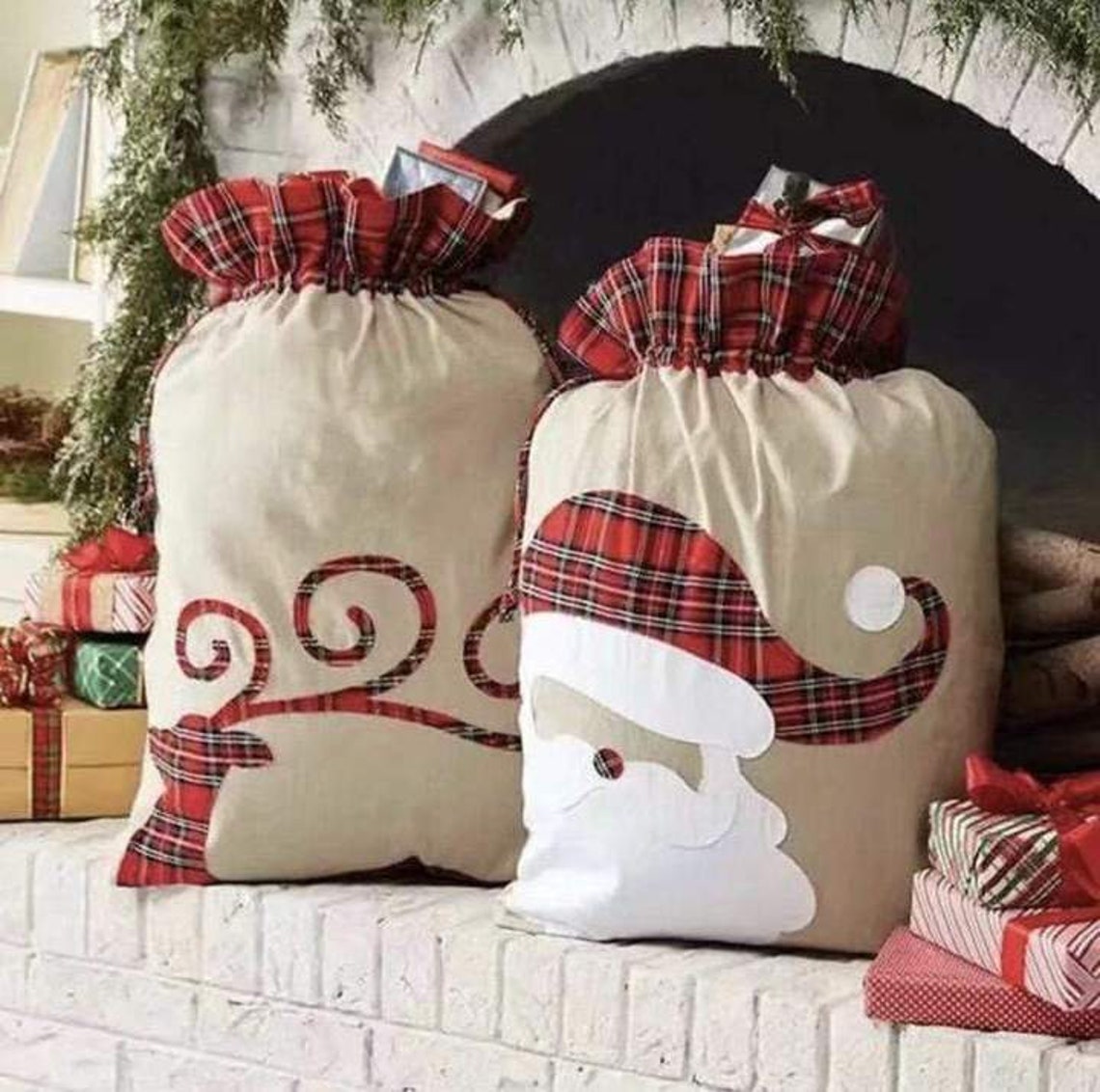 Personalized Burlap With Plaid Santa Sacks Reindeer Santa | Etsy