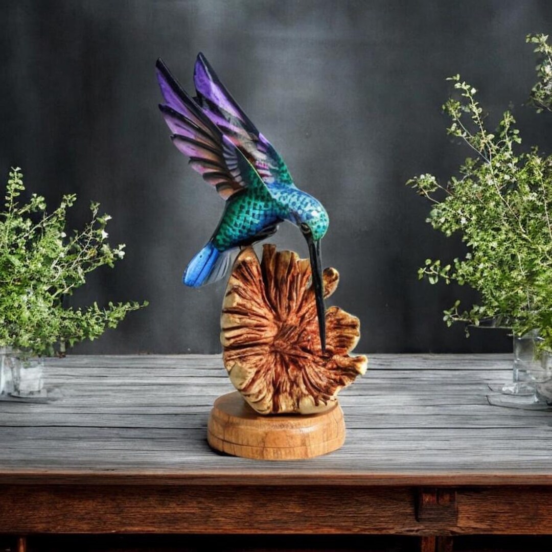Green Hummingbird Statue, Painted Sculpture, Wood Carving Figure, Bird ...