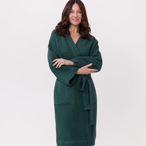 Greyish Green Waffle Linen Robe, Linen Spa Robe, Luxury Bathrobe ...