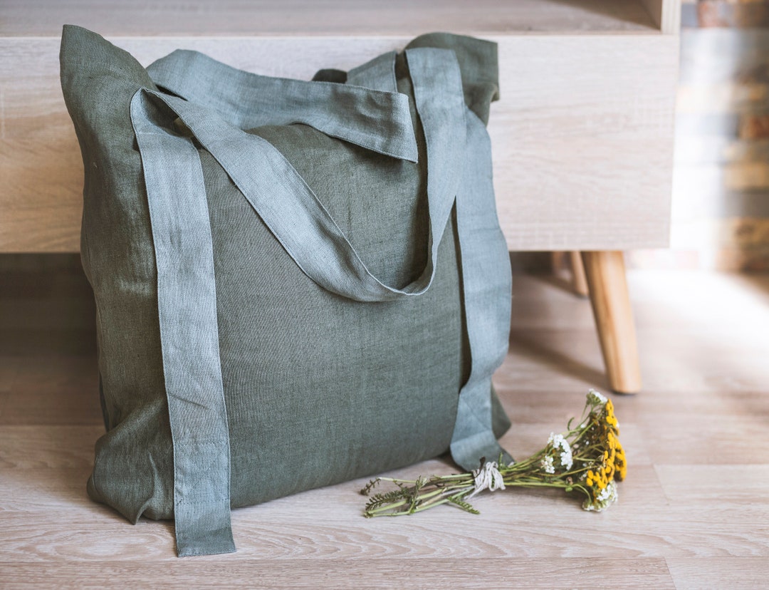 Moss Green Linen Bag With Safari Green Stylish Details, Linen Beach Bag ...