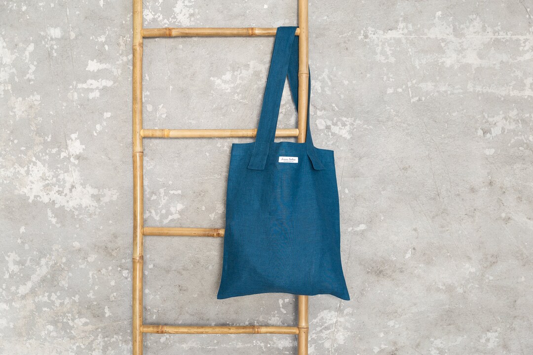 Large Linen Tote Bag in Dark Sea Blue Linen, Softened Natural Linen Bag ...