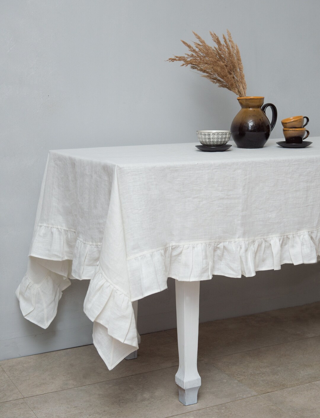 Tablecloth With Ruffles in White From Softened Natural Linen, Ruffled ...
