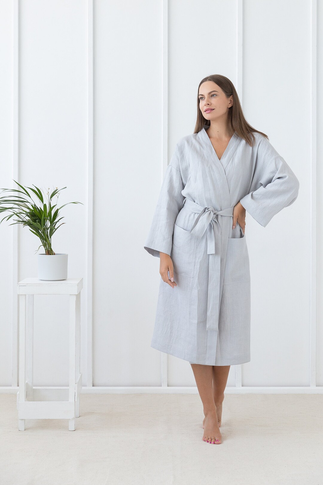 Light Grey Linen Bathrobe, Linen Spa Robe, Luxury Bathrobe, Classic ...