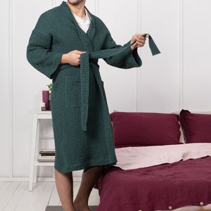 Greyish Green Waffle Linen Robe, Linen Spa Robe, Luxury Bathrobe ...