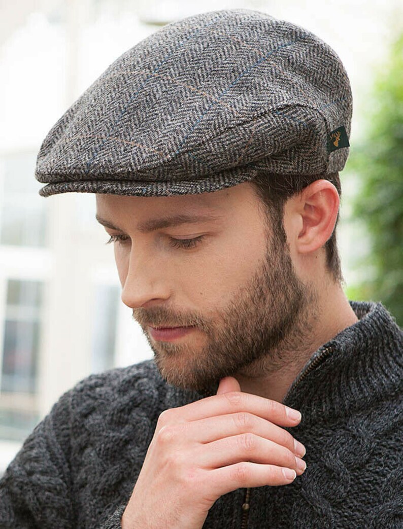 Irish Wool Mucros Weavers Tweed Trinity Flat Cap Gray Grey Herringbone ...