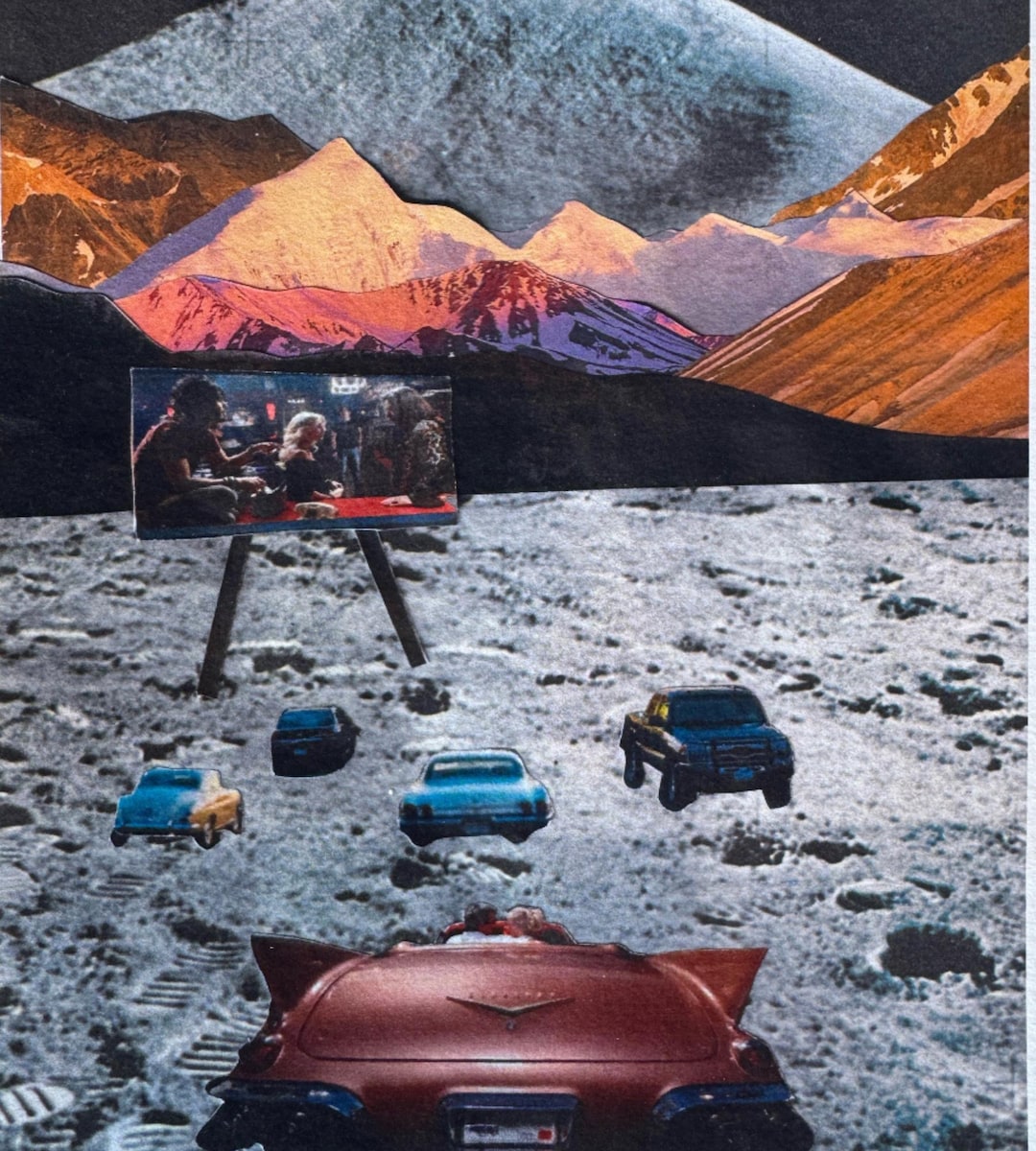Mini Collage Print Drive-in on the Moon | Retro Car Art | Surreal Moon ...