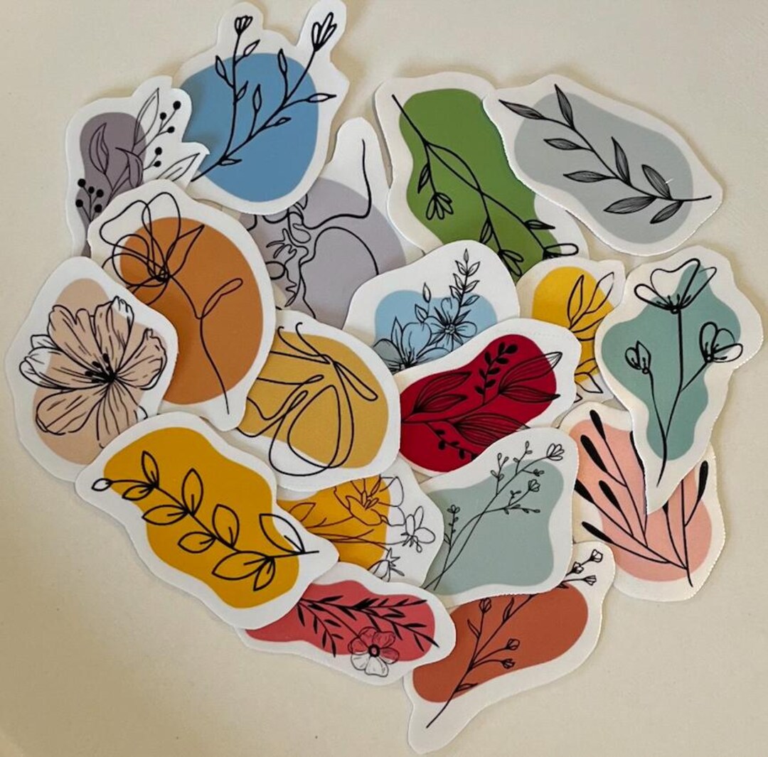 Boho Floral Line Art Sticker Set – 18 Glossy Vinyl Stickers – Mini ...