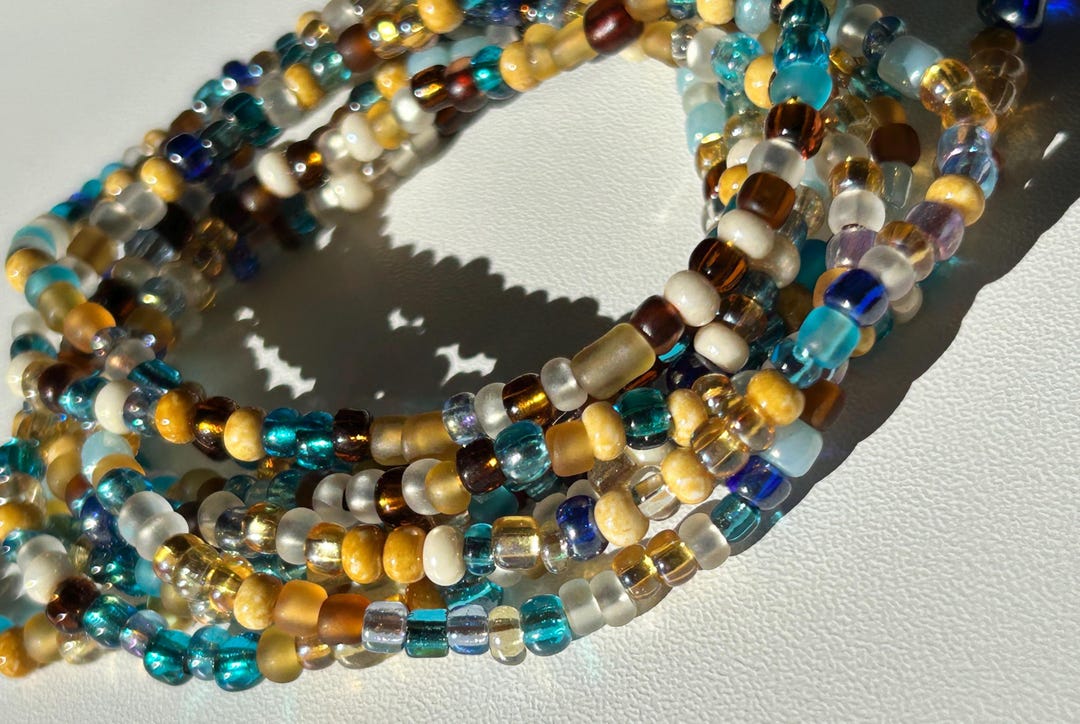 River Stone Waist Beads - 60 Inch Strand - Blue, Silver, Tan, Gold, and ...