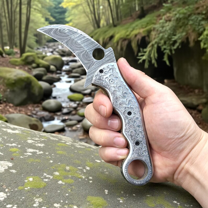 Handmade Damascus Karambit Folding Knife Steel Handle With Engraved ...