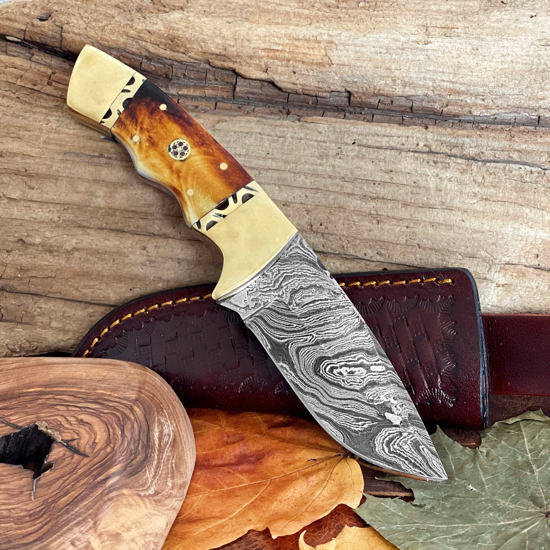 Personalized Damascus Steel Knife , 9" Handmade Fixed Blade Knife With ...