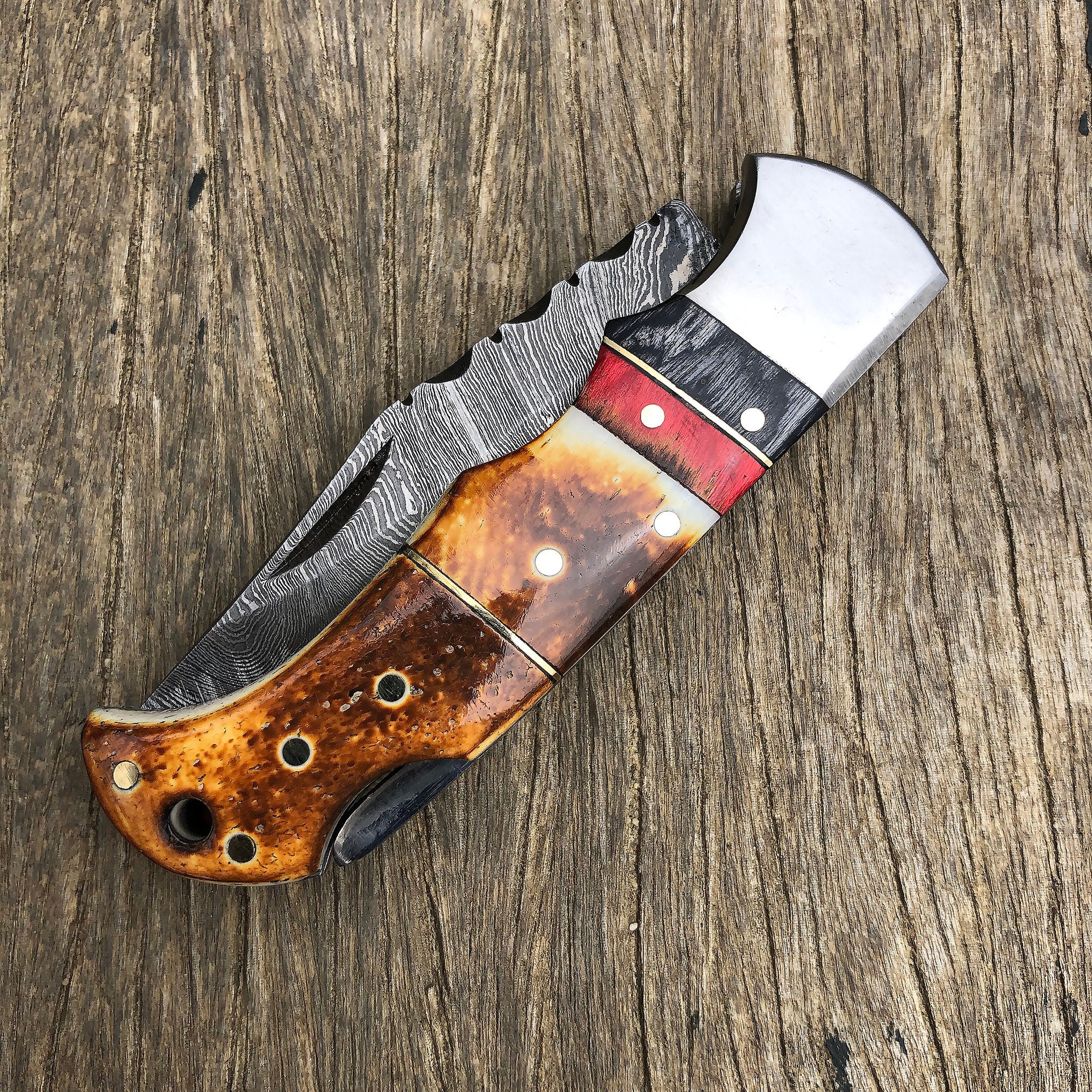Damascus Pocket Knife Custom Folding Knife Made of Burnt - Etsy