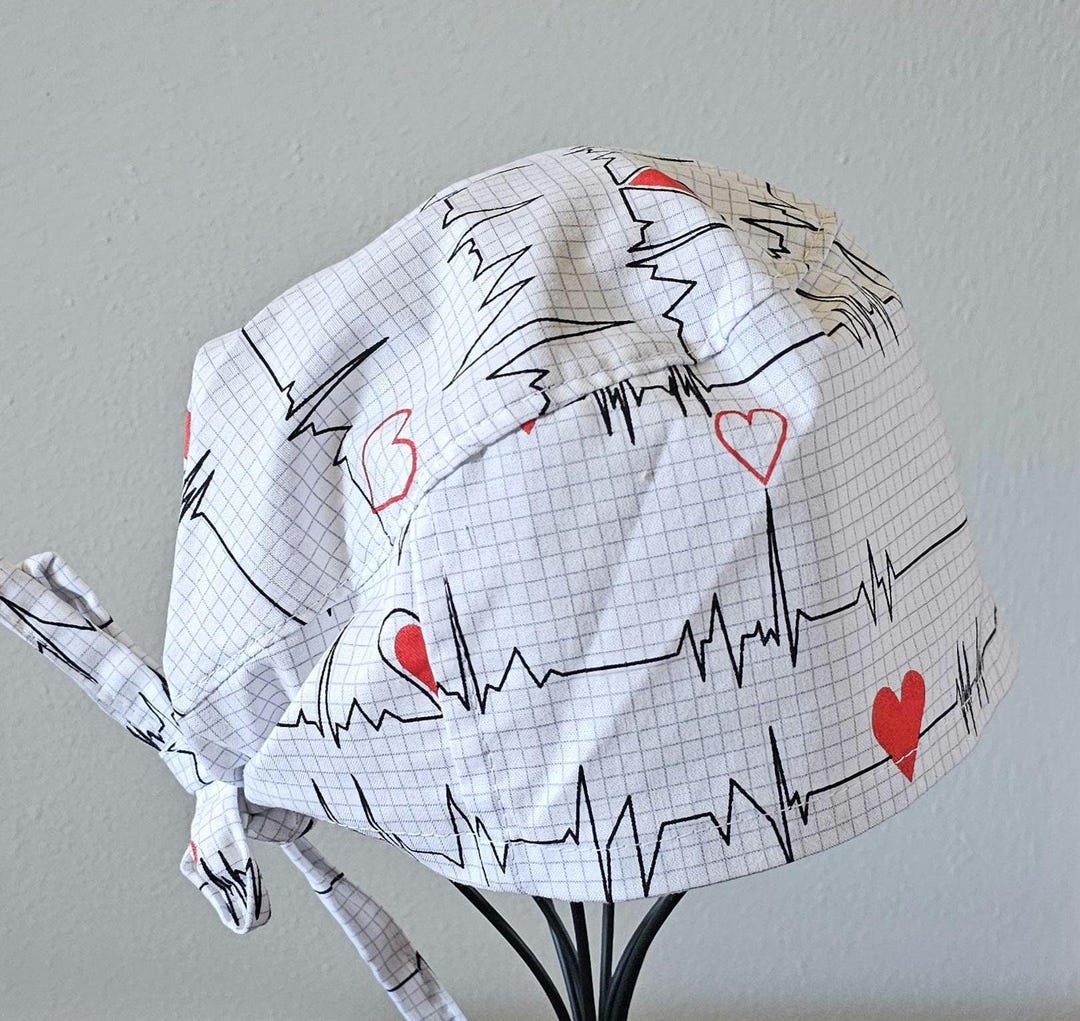White Ekg Surgical Scrub Cap With Ties - Etsy