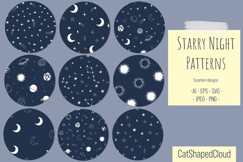 Stars Celestial Seamless Pattern Set, Commercial Use, Hand Drawn ...