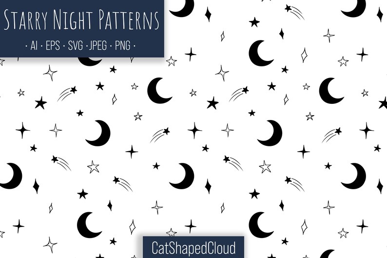 Stars Celestial Seamless Pattern Set, Commercial Use, Hand Drawn ...