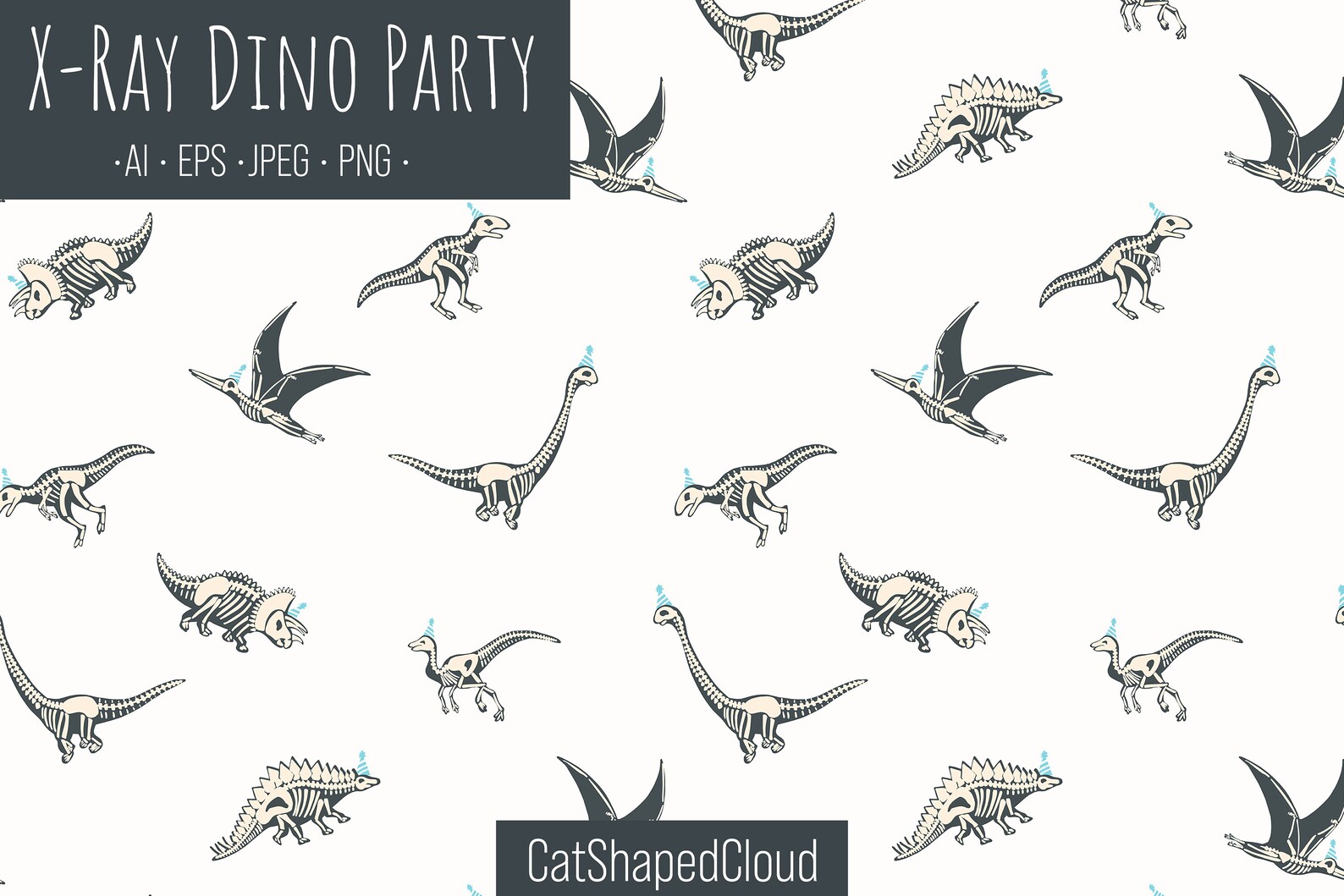 X-ray Dino Party Set Digital Paper Birthday Hand Drawn - Etsy