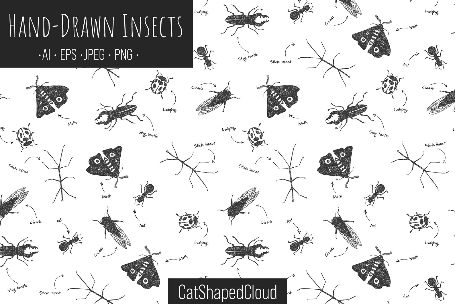 Hand-drawn Insects Digital Paper in Black and White, Commercial Use ...