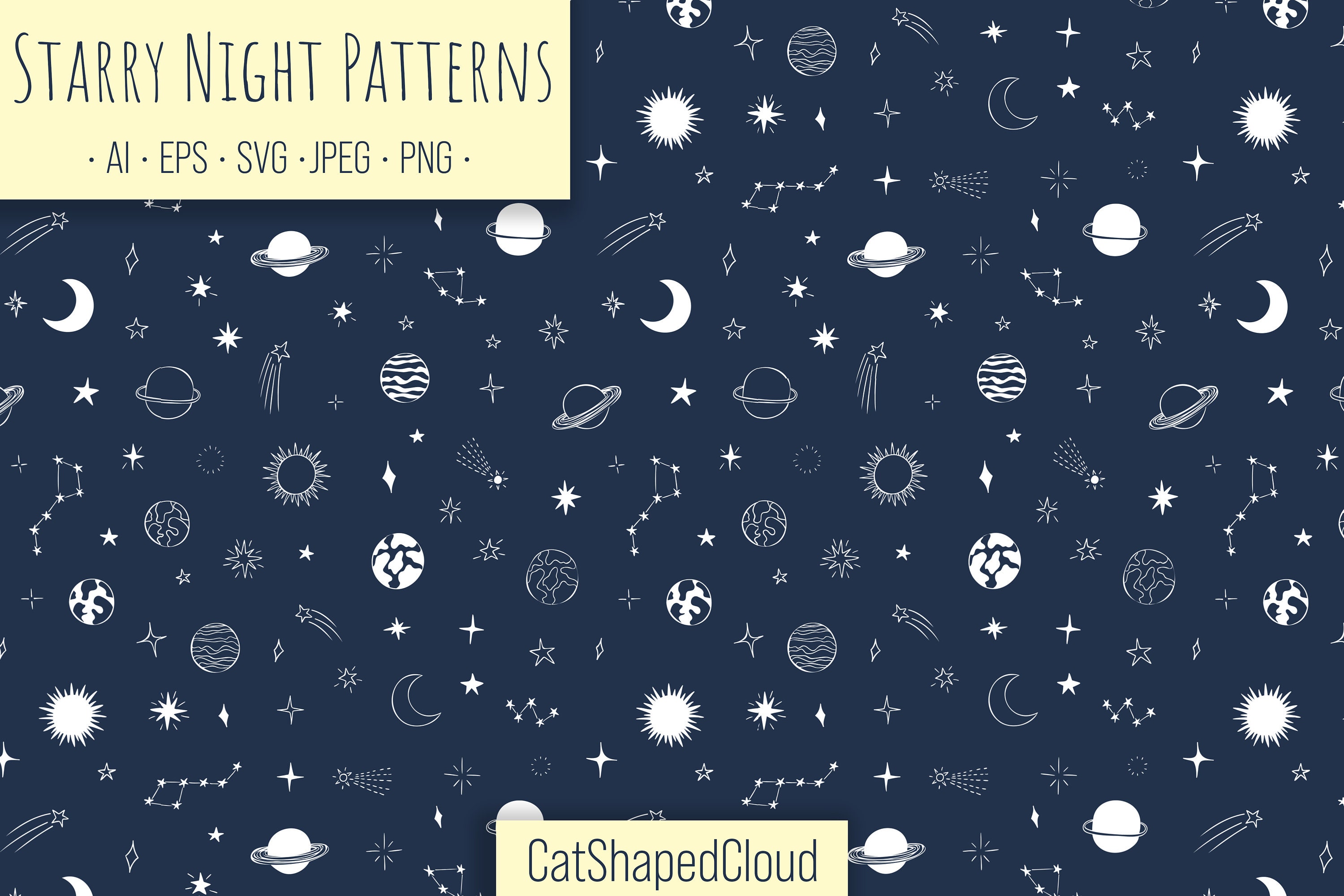 Stars Celestial Seamless Pattern Set, Commercial Use, Hand Drawn ...