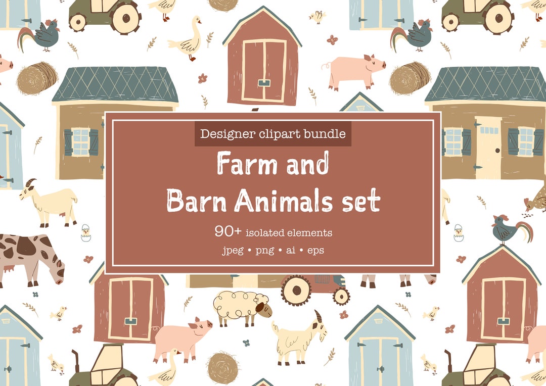 Farm and Barn Animals Set Clipart Bundle, 90+ Elements, Commercial Use ...