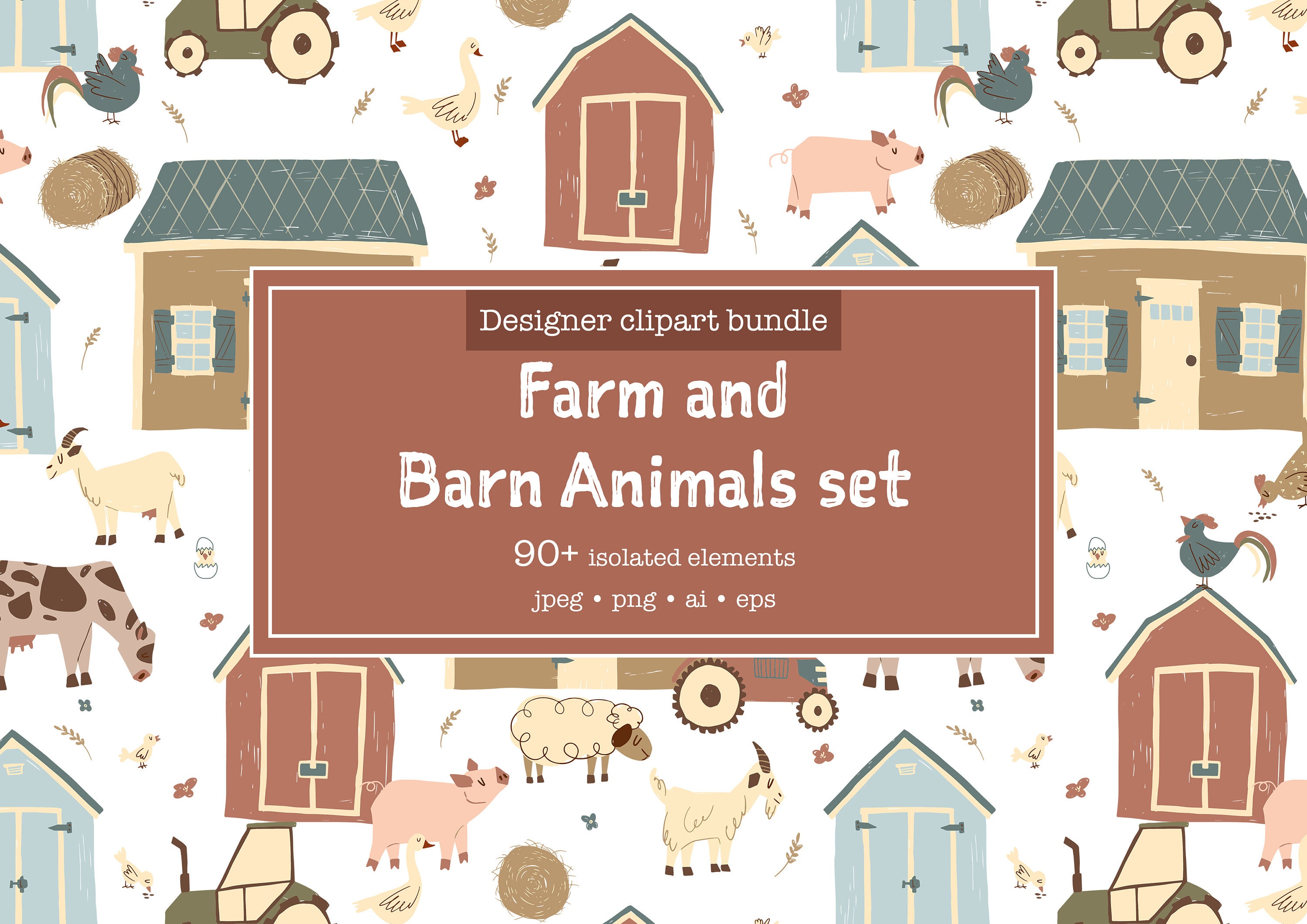 Farm and Barn Animals Set Clipart Bundle, 90+ Elements, Commercial Use ...