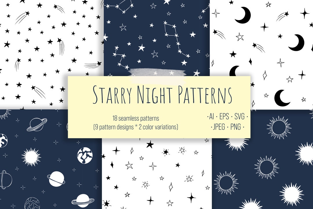 Stars Celestial Seamless Pattern Set, Commercial Use, Hand Drawn ...