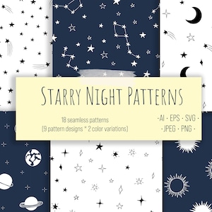 Stars Celestial Seamless Pattern Set, Commercial Use, Hand Drawn ...