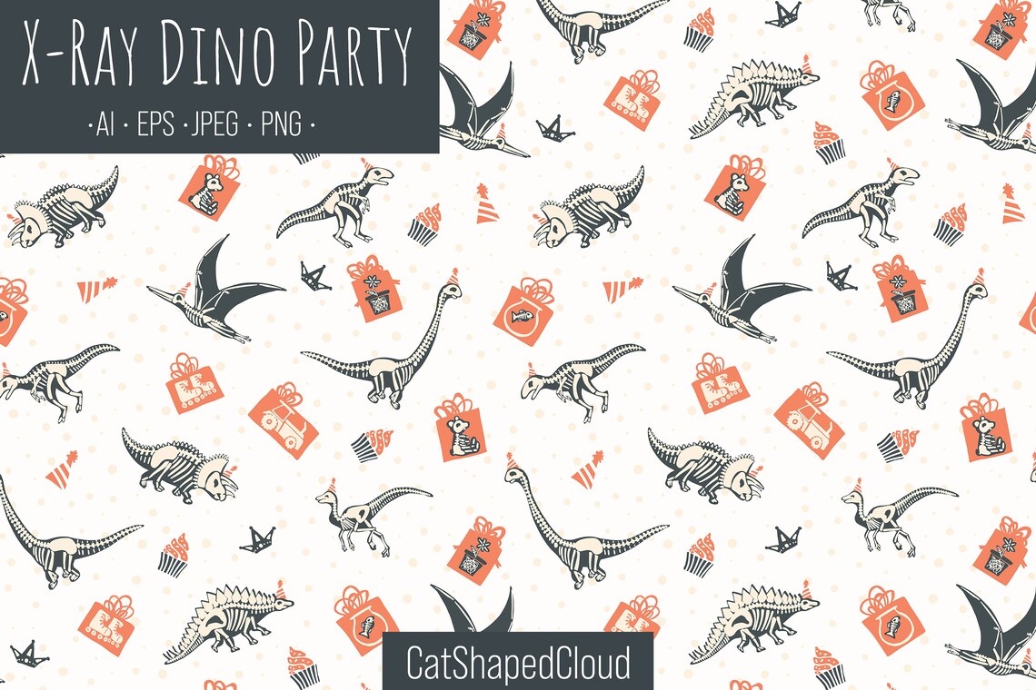 X-ray Dino Party Set Digital Paper Birthday Hand Drawn - Etsy