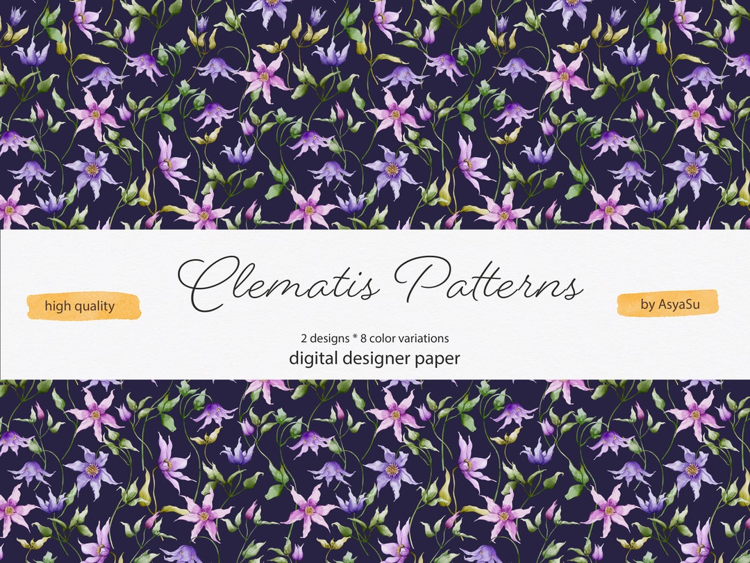 Clematis Flower Watercolor Seamless Patterns, Digital Paper - PNG & PJG ...