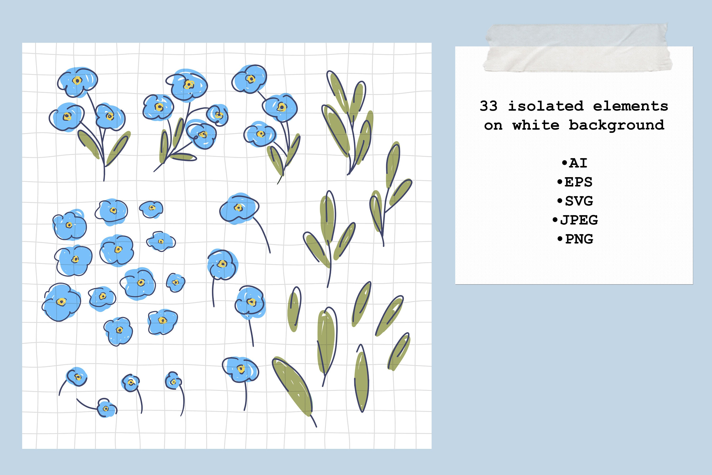 Childish Flower Vector Clipart Set, 100+ Elements, Lavender, Dandelion ...