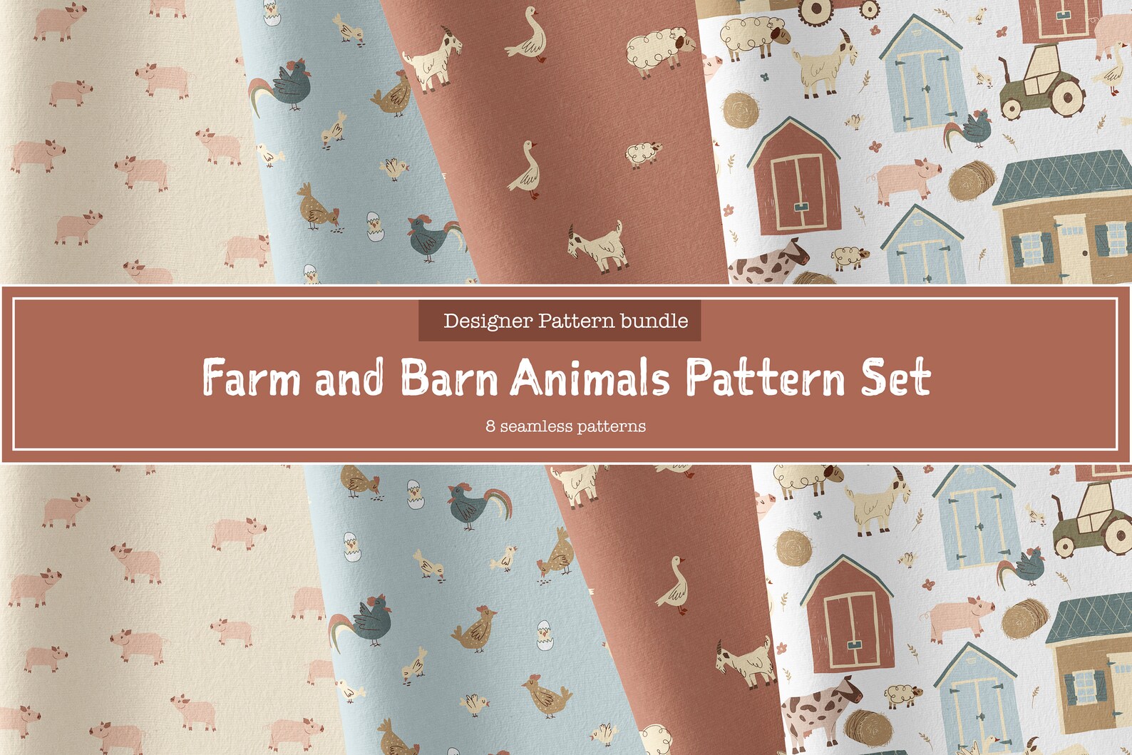 Farm and Barn Animals Set Digital Paper, Cute Children Illustrations ...