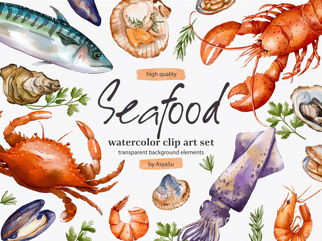 Seafood Watercolor Digital Clipart - Individual PNG Files Graphic Set ...