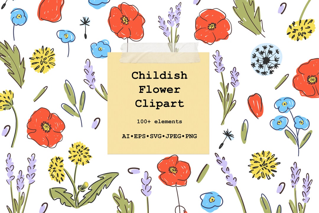 Childish Flower Vector Clipart Set, 100+ Elements, Lavender, Dandelion ...