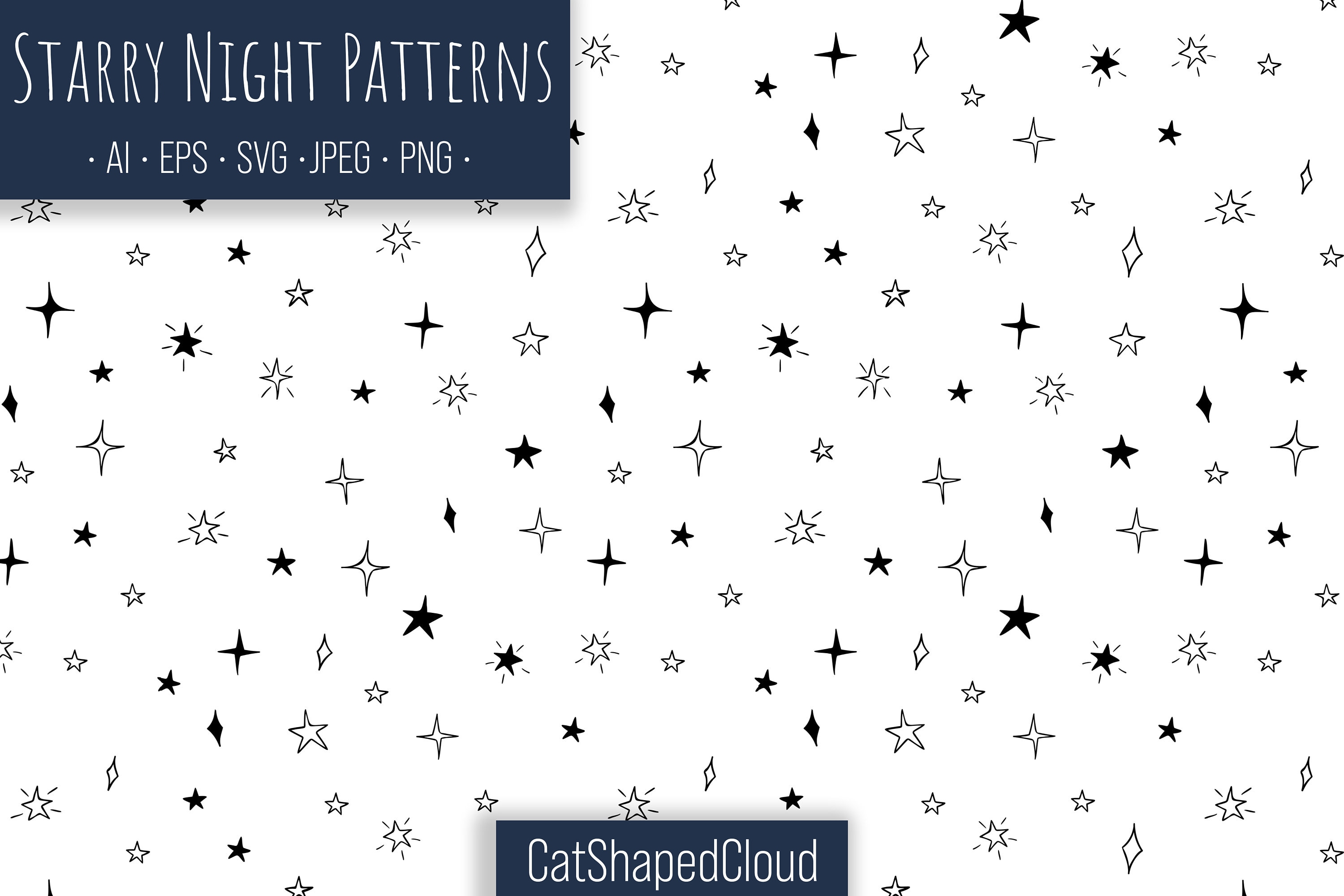 Stars Celestial Seamless Pattern Set, Commercial Use, Hand Drawn ...