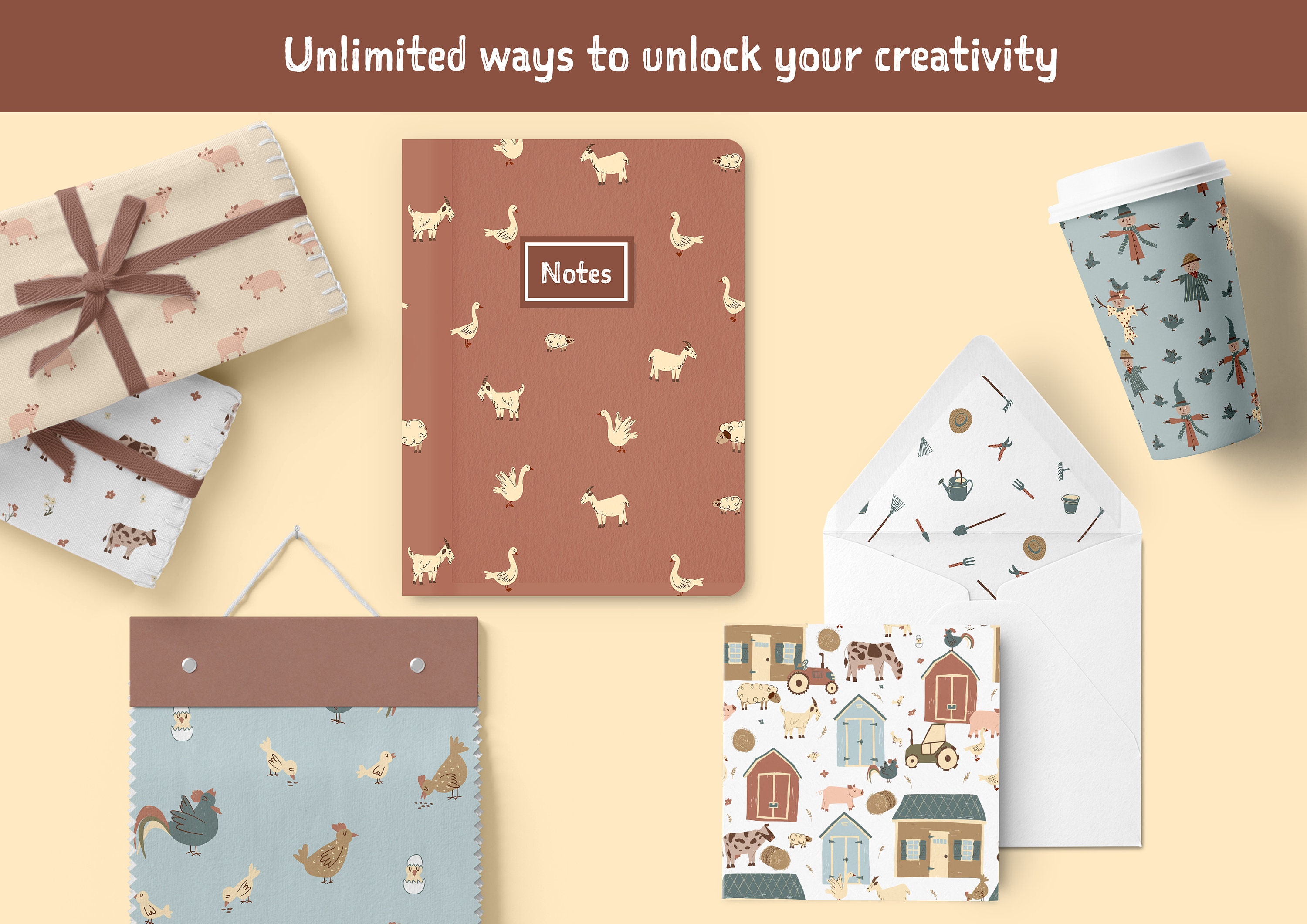 Farm and Barn Animals Set Digital Paper, Cute Children Illustrations ...