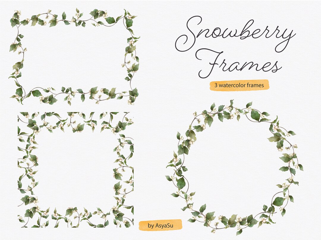 Snowberry Botanical Watercolor Frames Individual PNG Files - Wedding ...