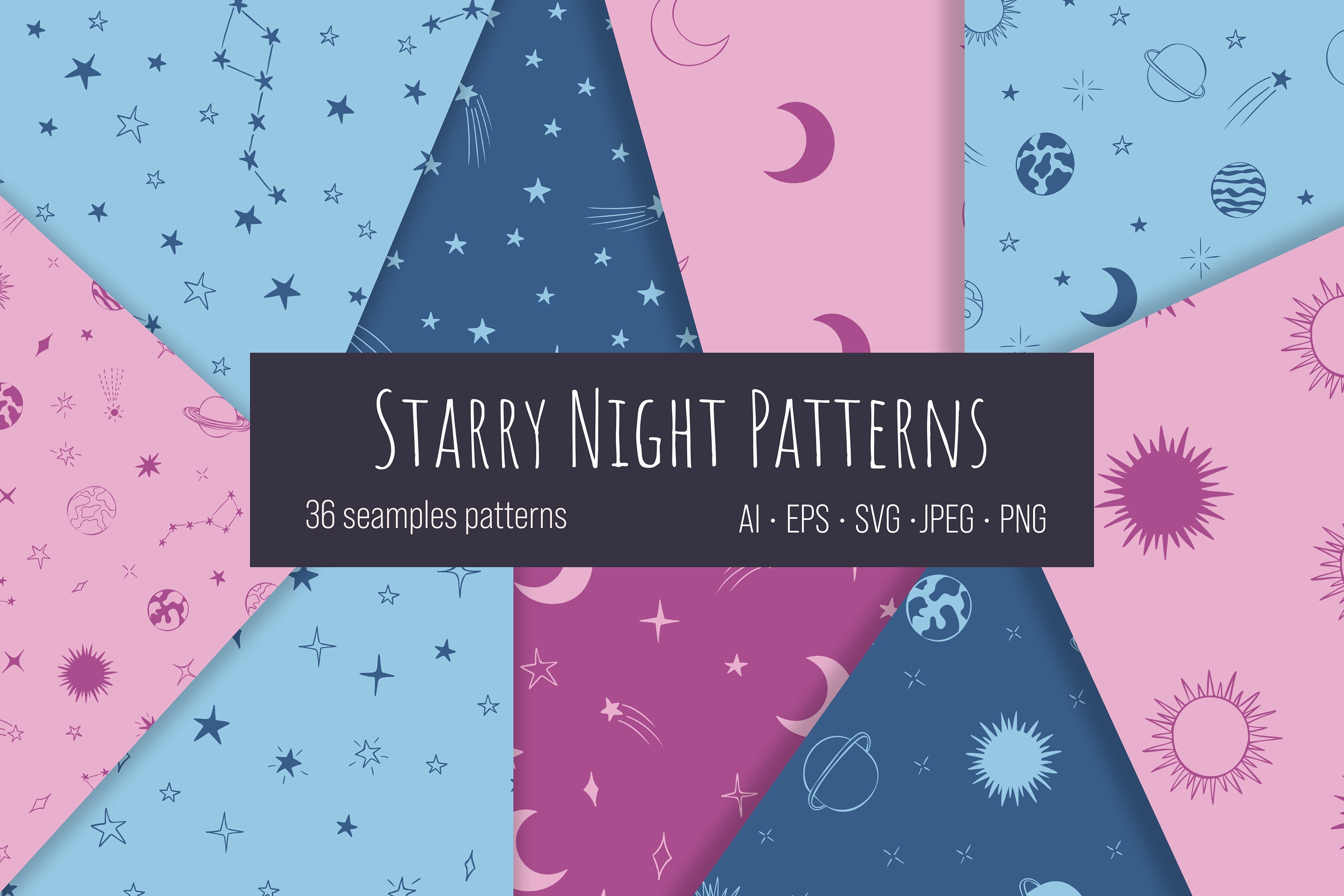 Stars Celestial Seamless Pattern Set in Pink and Blue, Space Patterns ...