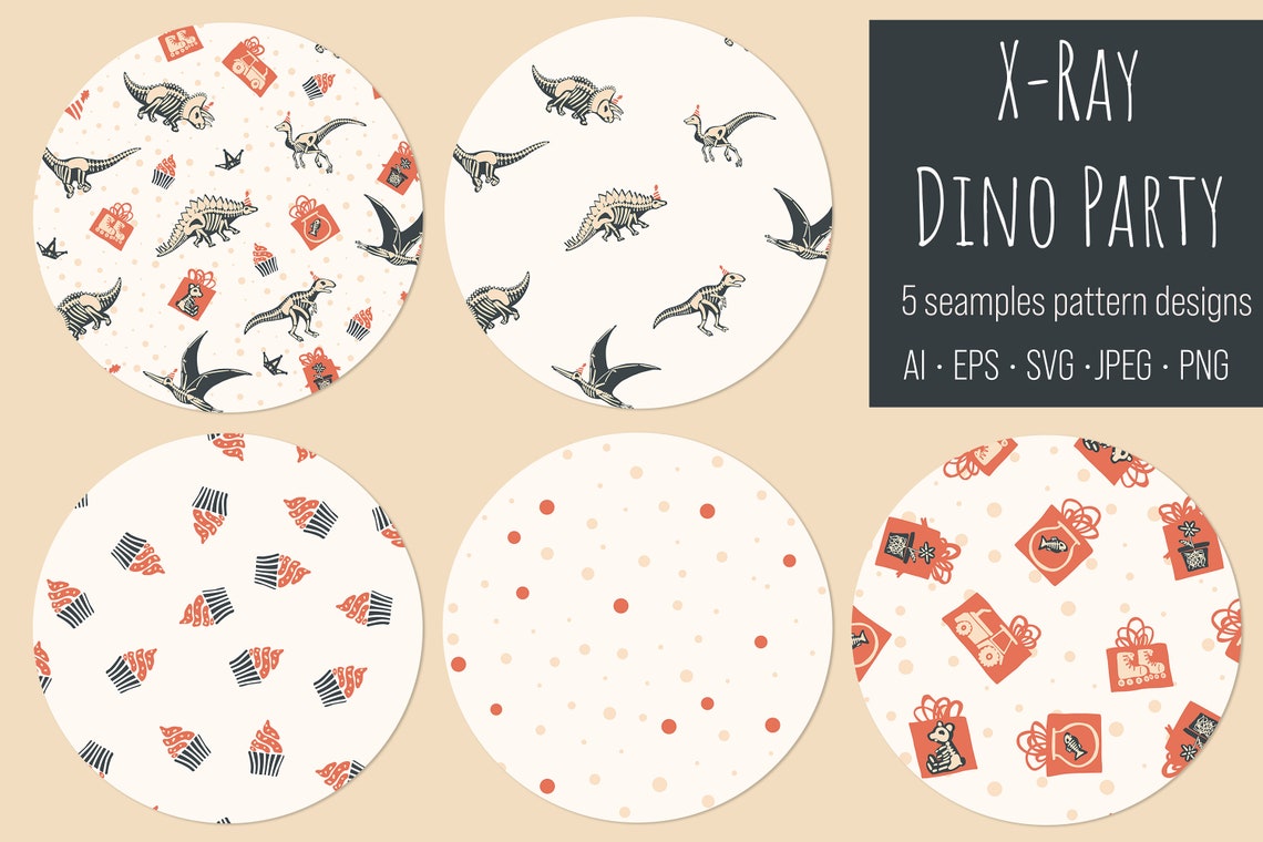 X-ray Dino Party Set Digital Paper Birthday Hand Drawn - Etsy