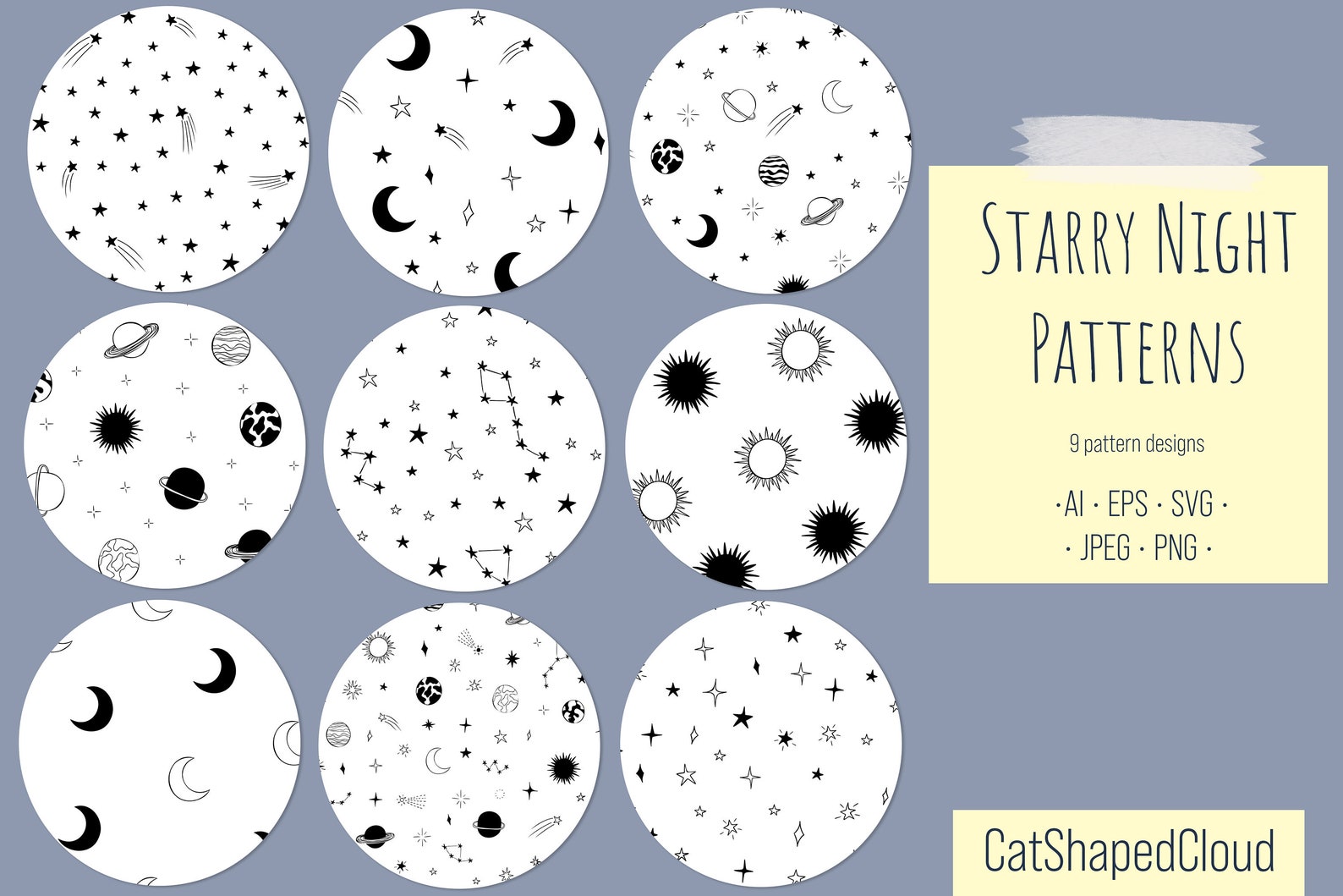 Stars Celestial Seamless Pattern Set, Commercial Use, Hand Drawn ...