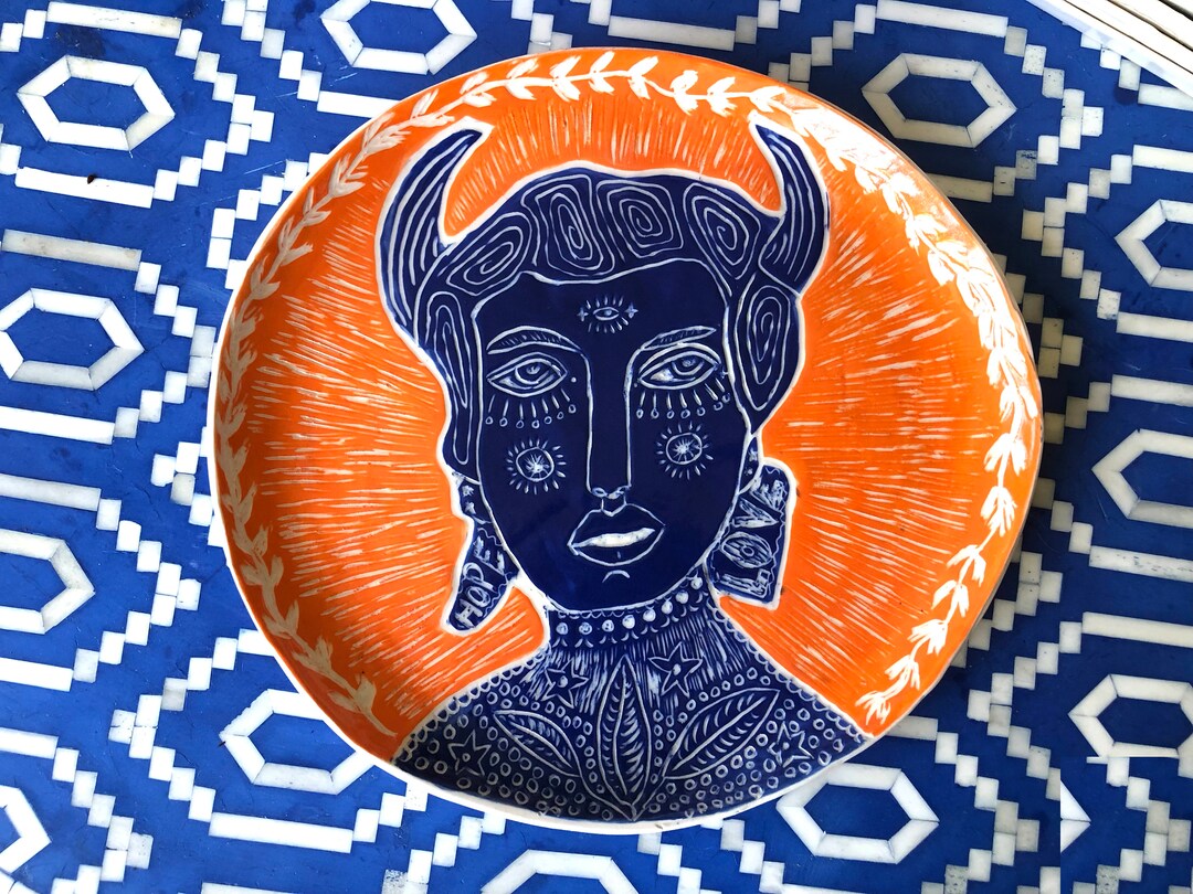 Australian Porcelain Sgraffito Plate 26cm 10inch Diam Orange and Cobalt ...