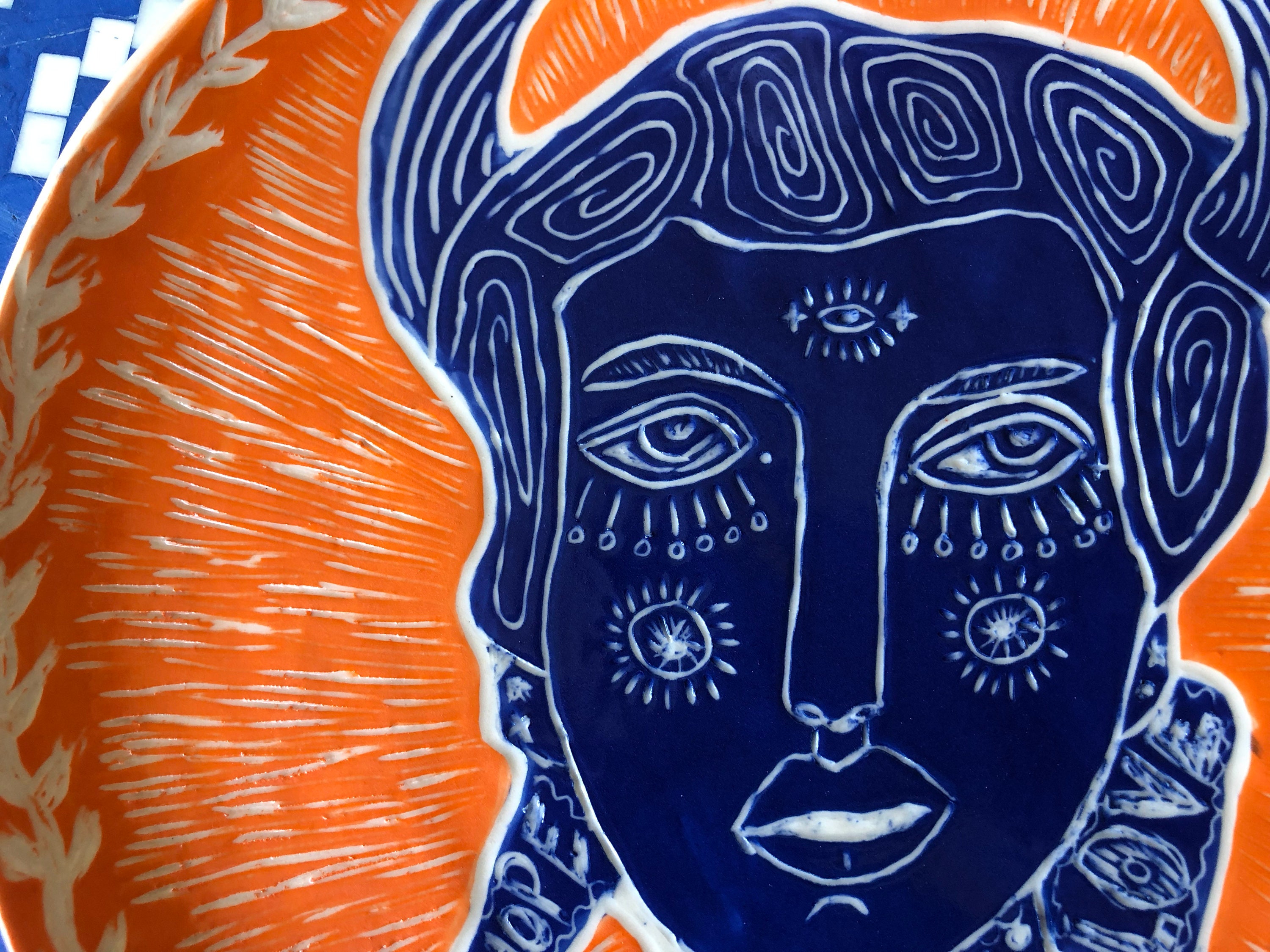 Australian Porcelain Sgraffito Plate 26cm 10inch Diam Orange and Cobalt ...