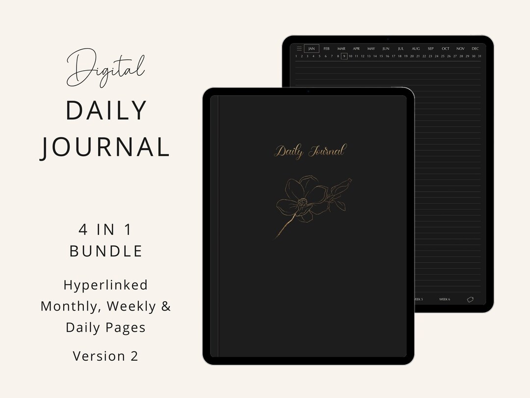 Digital Daily Journal, Dark Mode, 365 Hyperlinked Daily Pages, Weekly ...